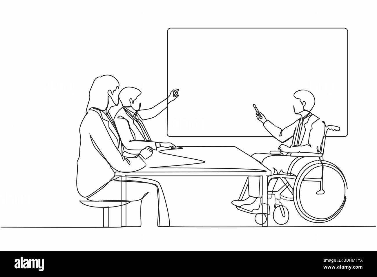 Single continuous line drawing disabled man giving presentation to ...