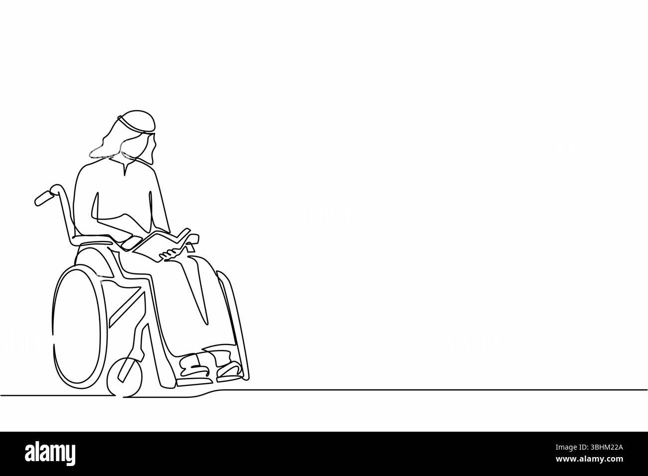 Continuous one line drawing young positive student disabled reads a ...