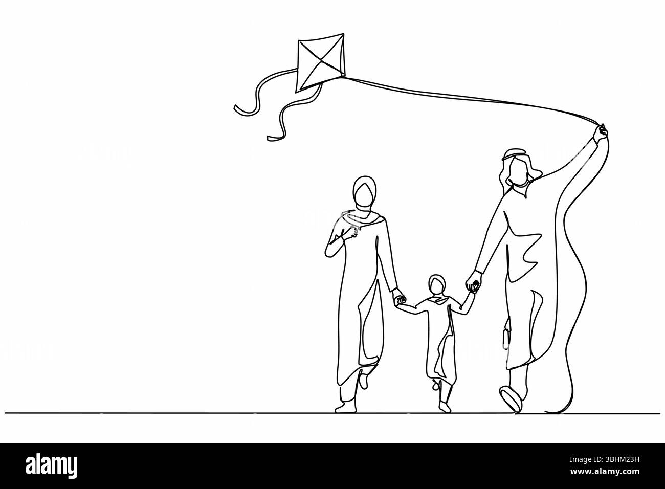 Single one line drawing Arab family weekend with parents and child ...