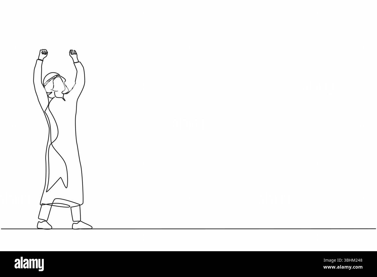 Single continuous line drawing Arab businessman standing and raising ...