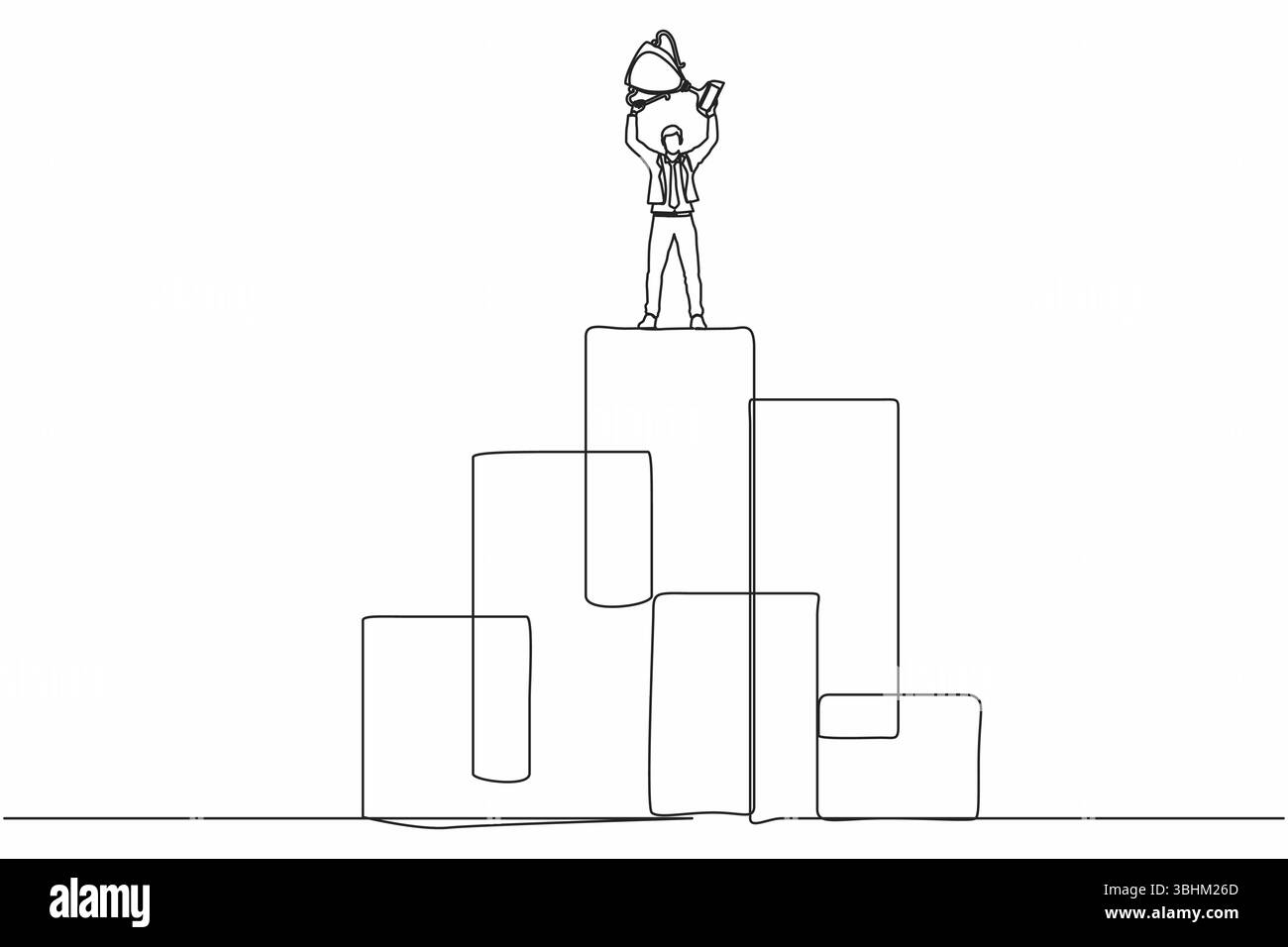 Continuous one line drawing young businessman standing on big graphic ...