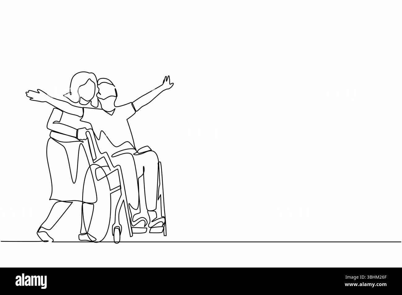 Single continuous line drawing happy disabled man in wheelchair on walk ...