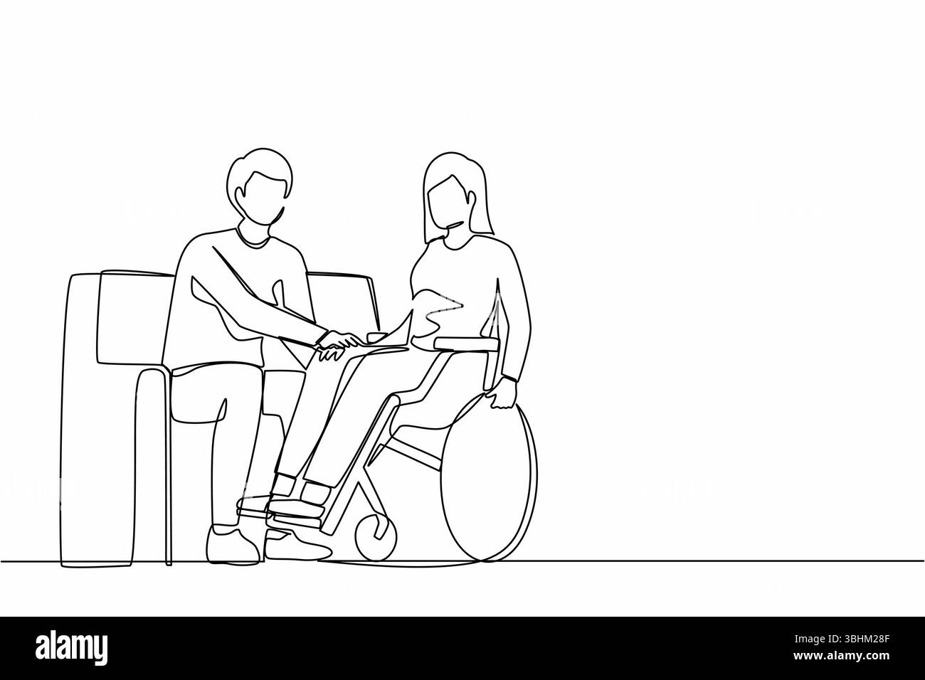Single continuous line drawing couple at home with disability woman in ...