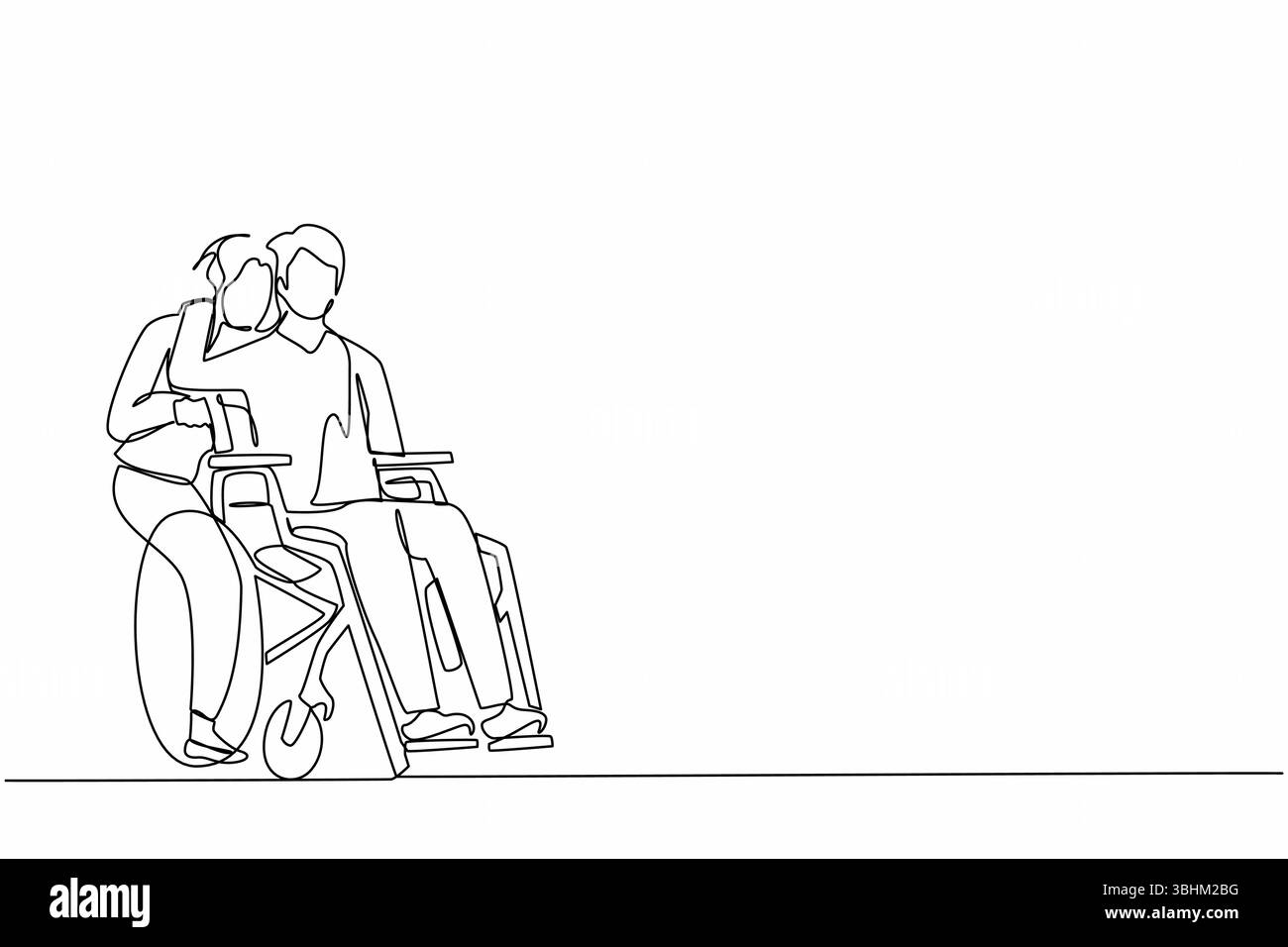 Single one line drawing man sitting in wheelchair while wife standing ...