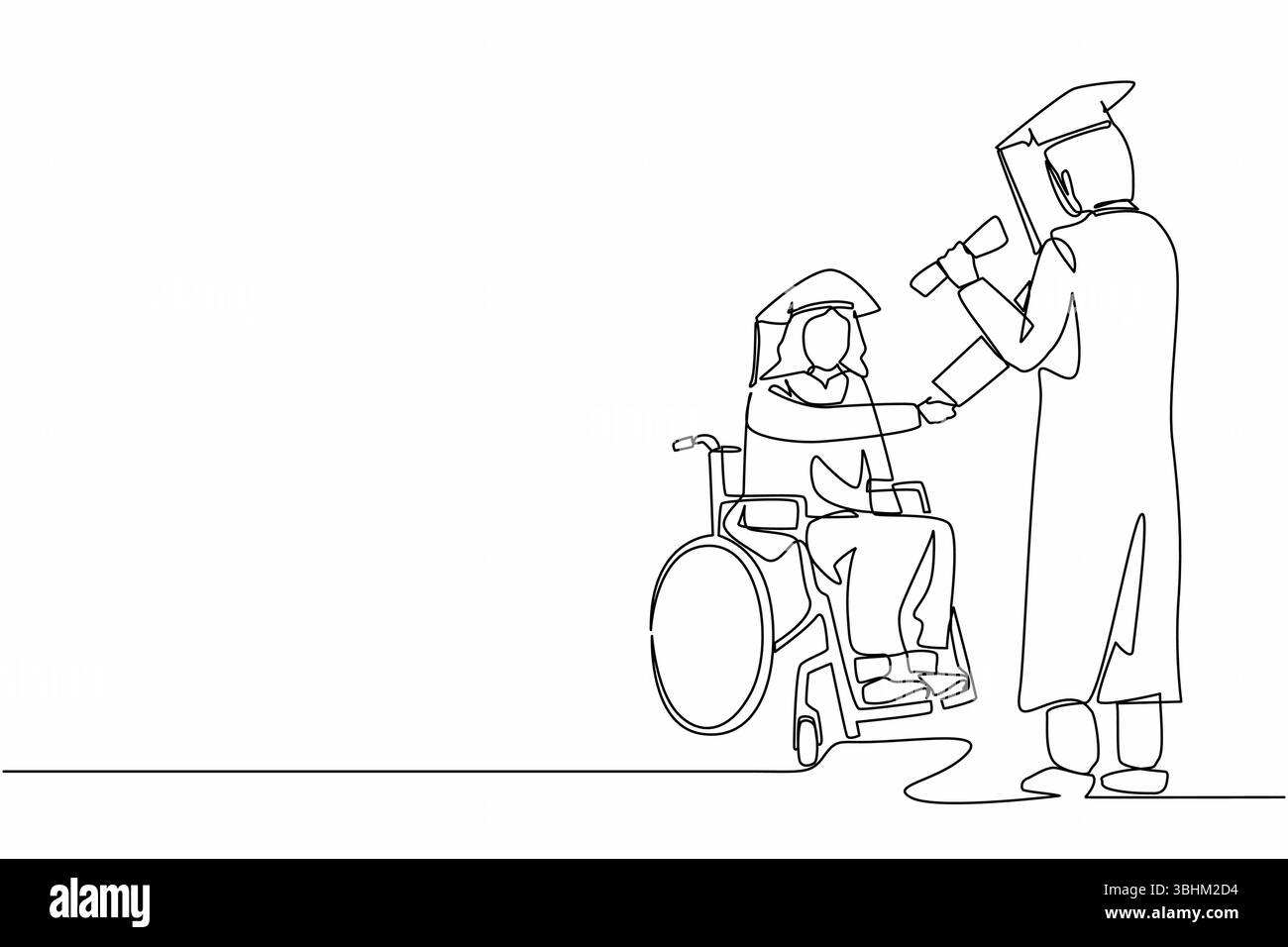 Single one line drawing disabled Arabian man student receiving ...