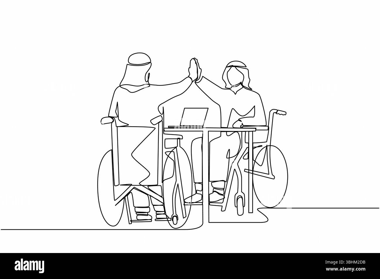 Continuous one line drawing two disabled Arab men give high five ...