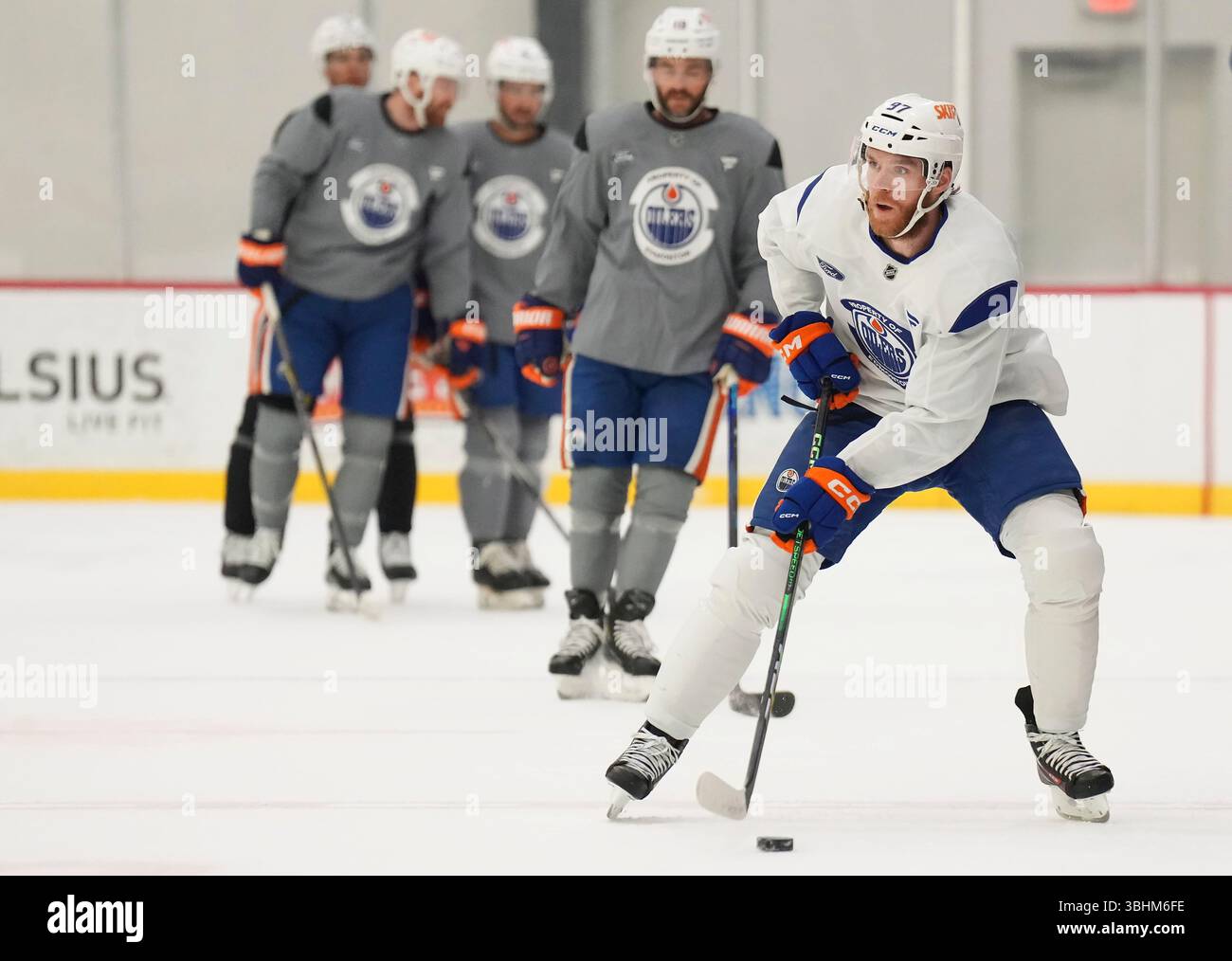 Edmonton Oilers forward Connor McDavid takes part in a drill during ...
