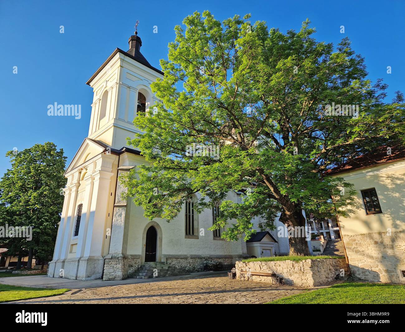 Capriana Monastery bell tower outdoor view next to an old oak tree ...