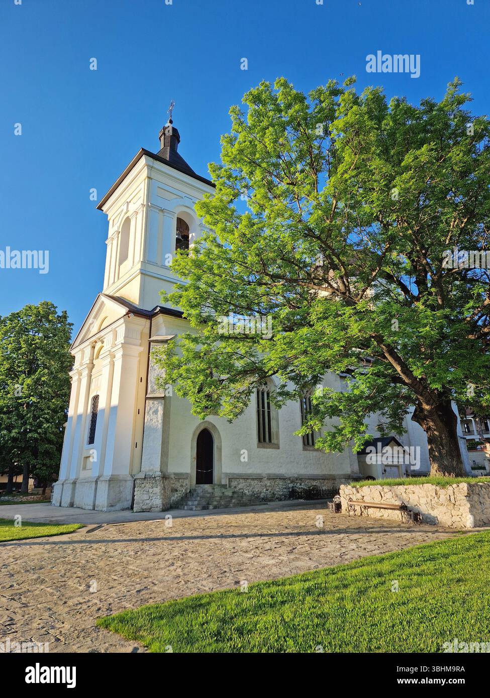 Capriana Monastery bell tower outdoor view next to an old oak tree ...