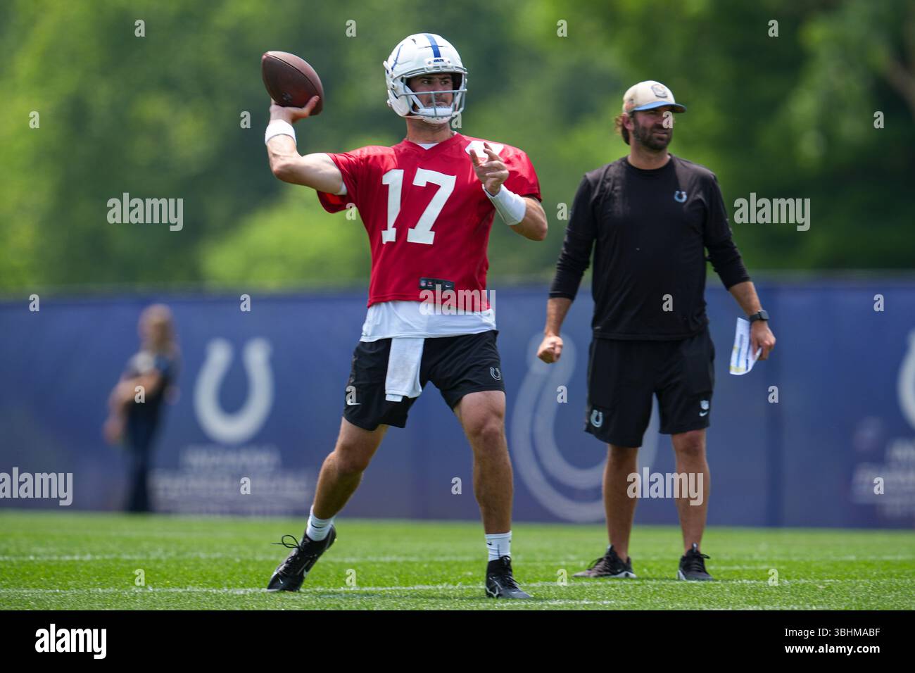 Indianapolis Colts quarterback Daniel Jones (17) throws during practice ...