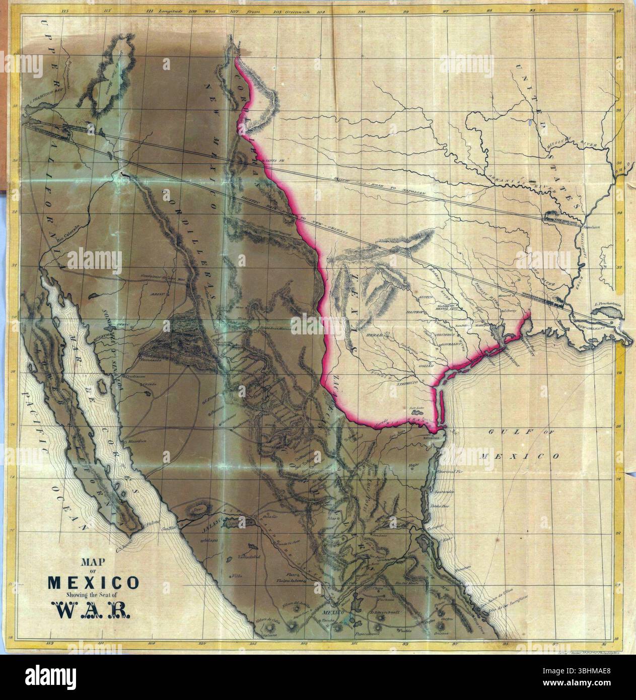 Vintage map depicting territorial boundaries of Mexico and United ...