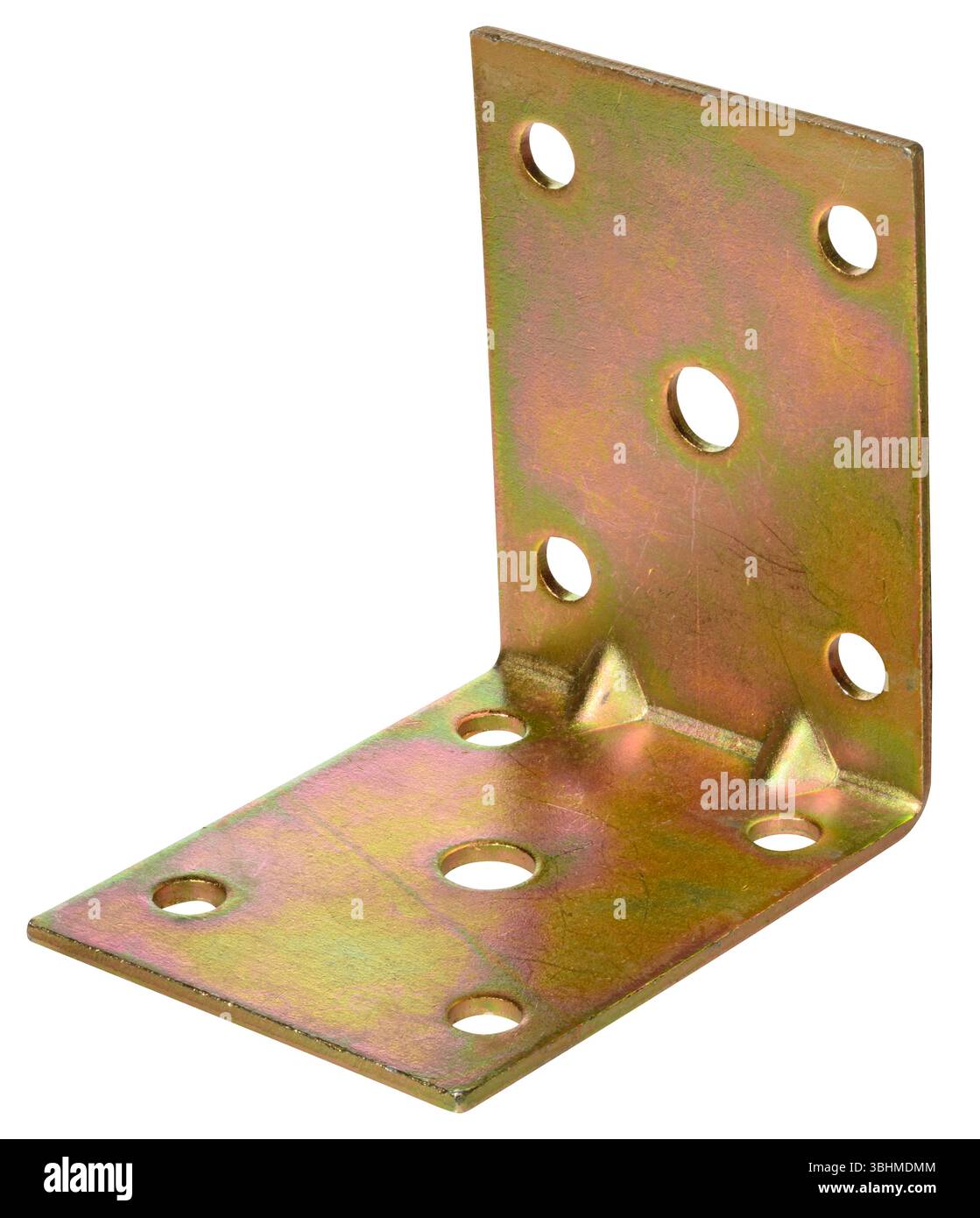 A shiny, golden colored metal corner bracket or angle brace with ...