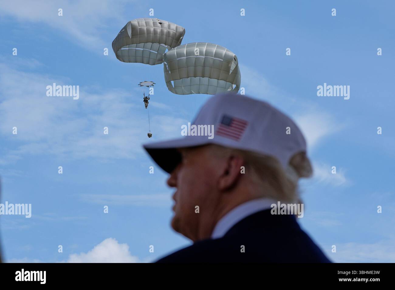 President Donald Trump observes military demonstrations at Fort Bragg ...