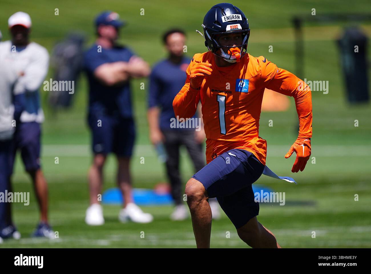 Denver Broncos tight end Evan Engram takes part in drills during practice at NFL football ...