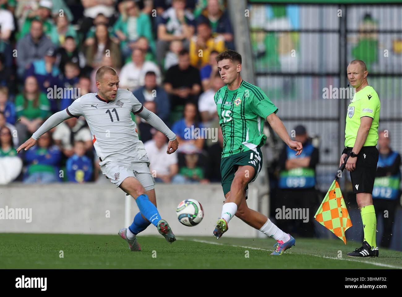 Iceland's Jon Dagur Thorsteinsson (left) and Northern Ireland's Justin ...