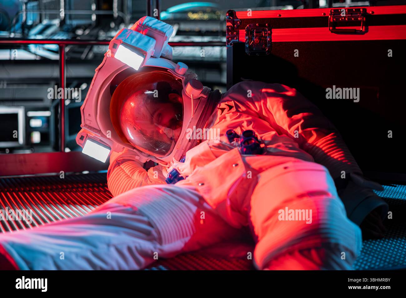Red light alert blinking over unconscious astronaut losing life in ...