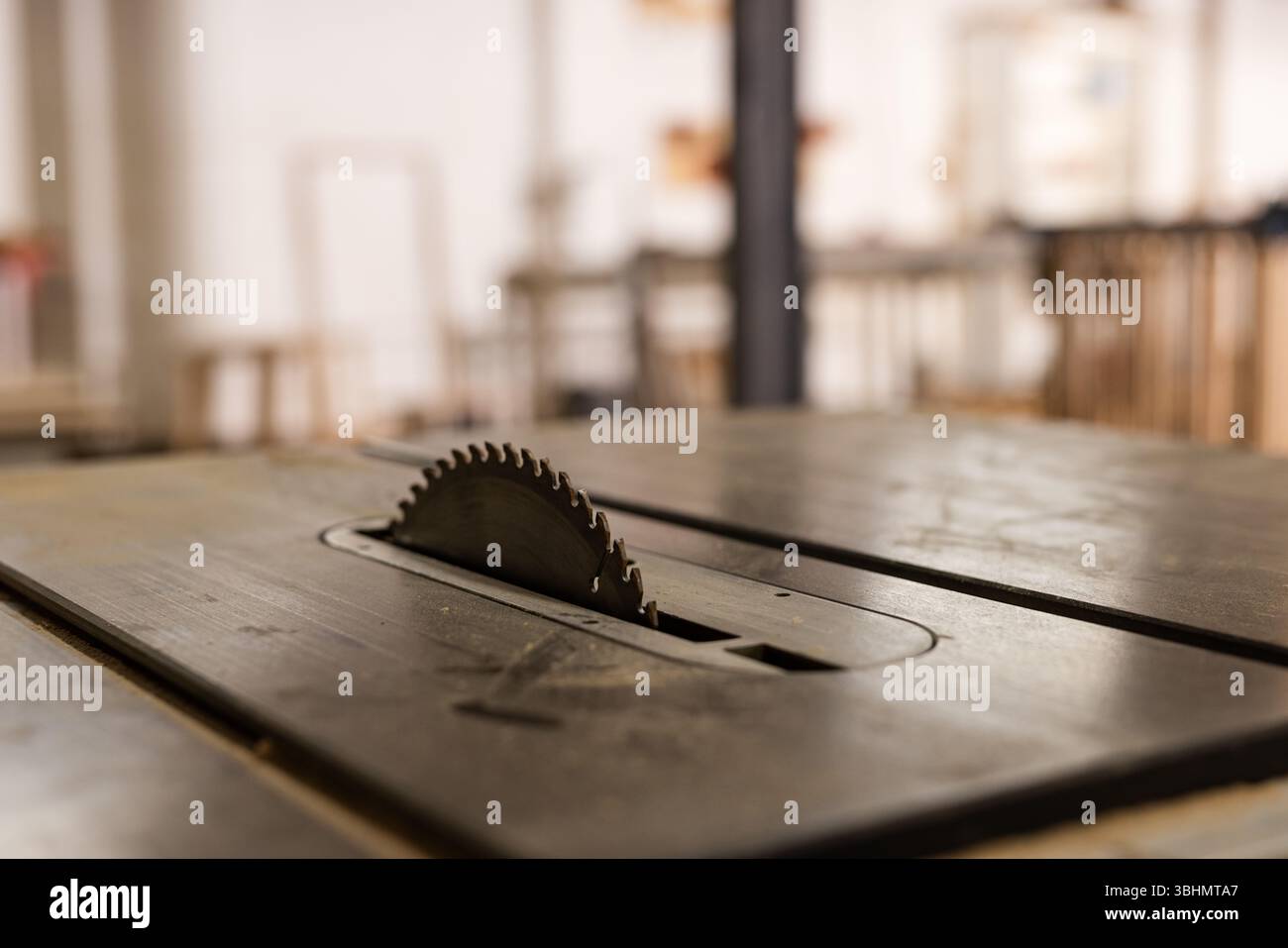 Circular saw blade rising from metal table saw surface in carpentry ...