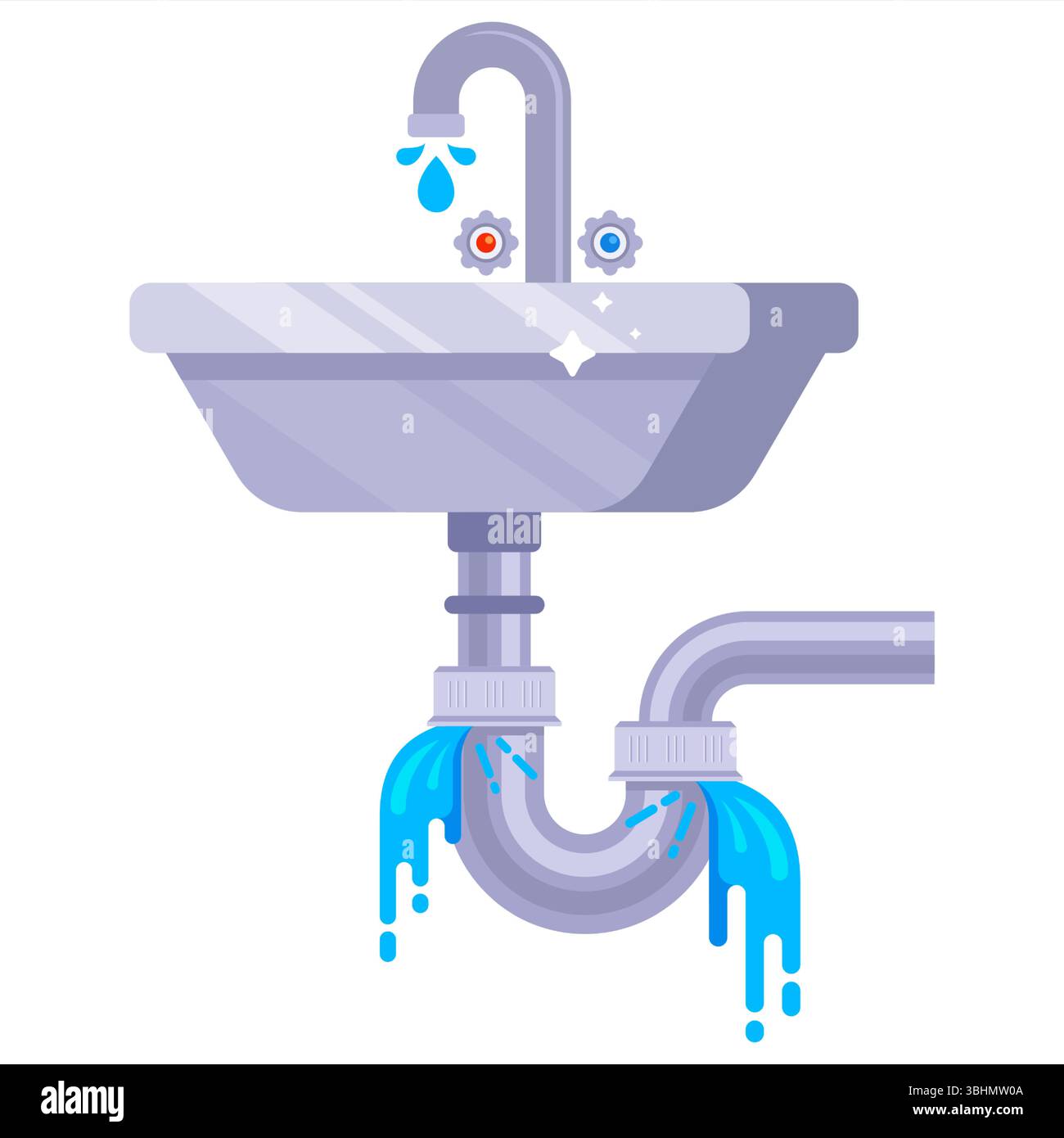 Water leak from broken sink pipe in bathroom in flat design. Toilet ...