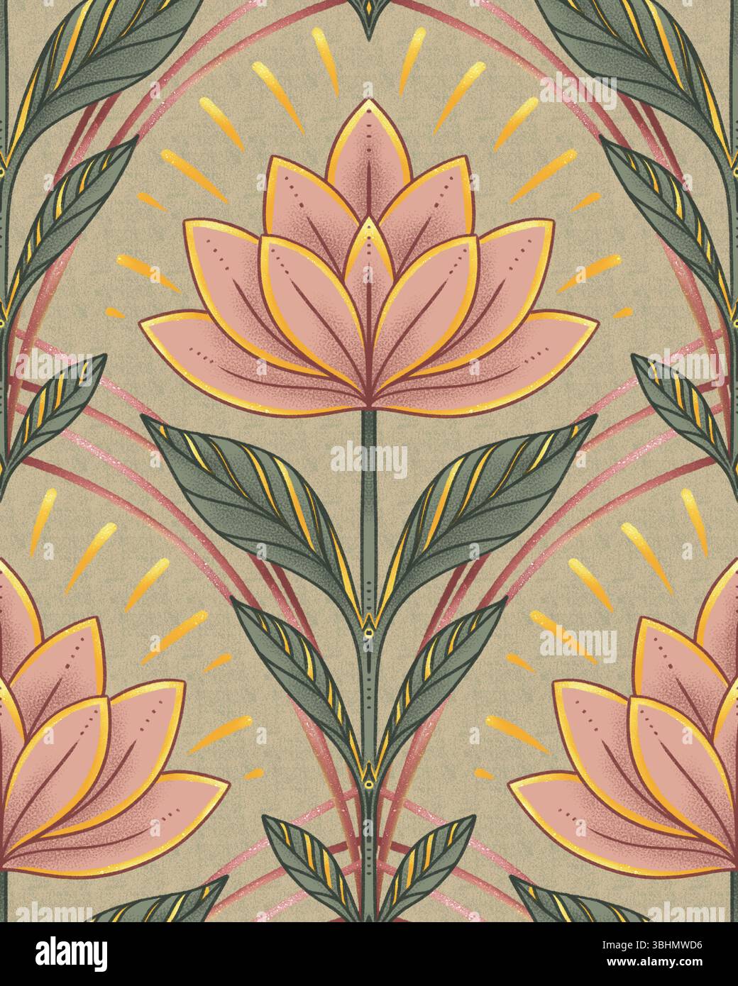 Lotus flower seamless pattern on the olive background in art deco style ...