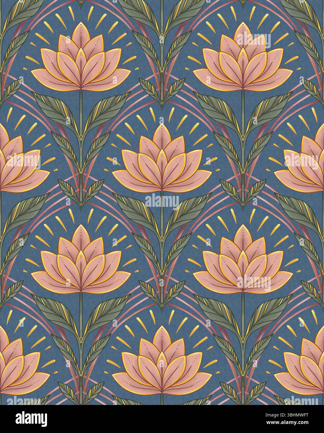 Lotus flower seamless pattern on a textured blue background in art deco ...