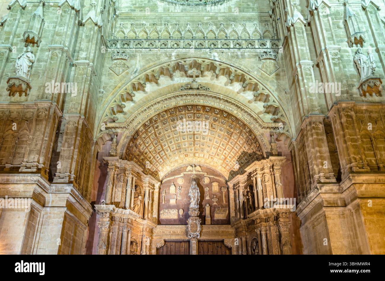 Night view, facade detail of the Cathedral of Santa Maria of Palma ...