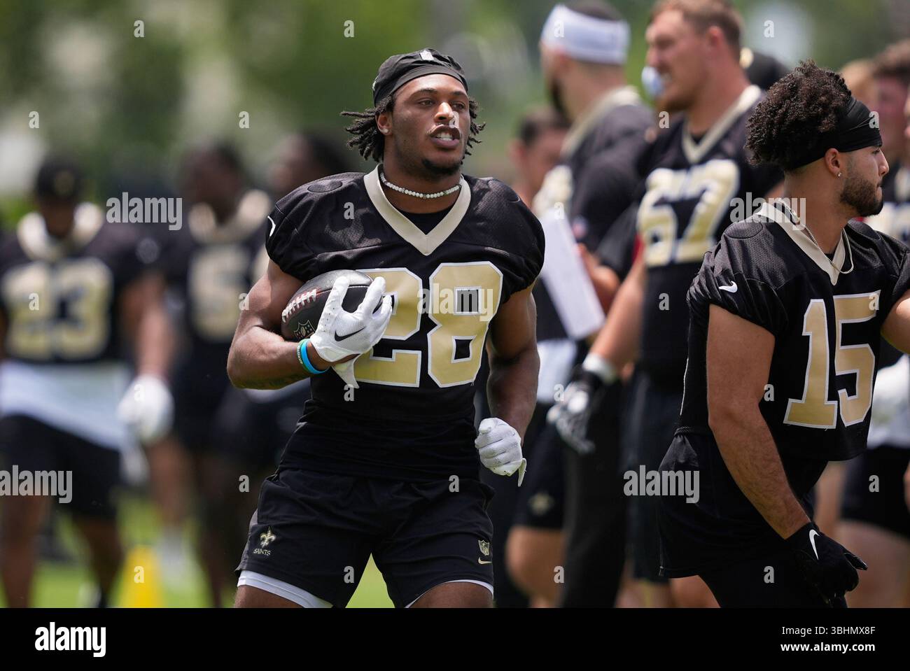 New Orleans Saints running back Xazavian Valladay (28) runs through ...