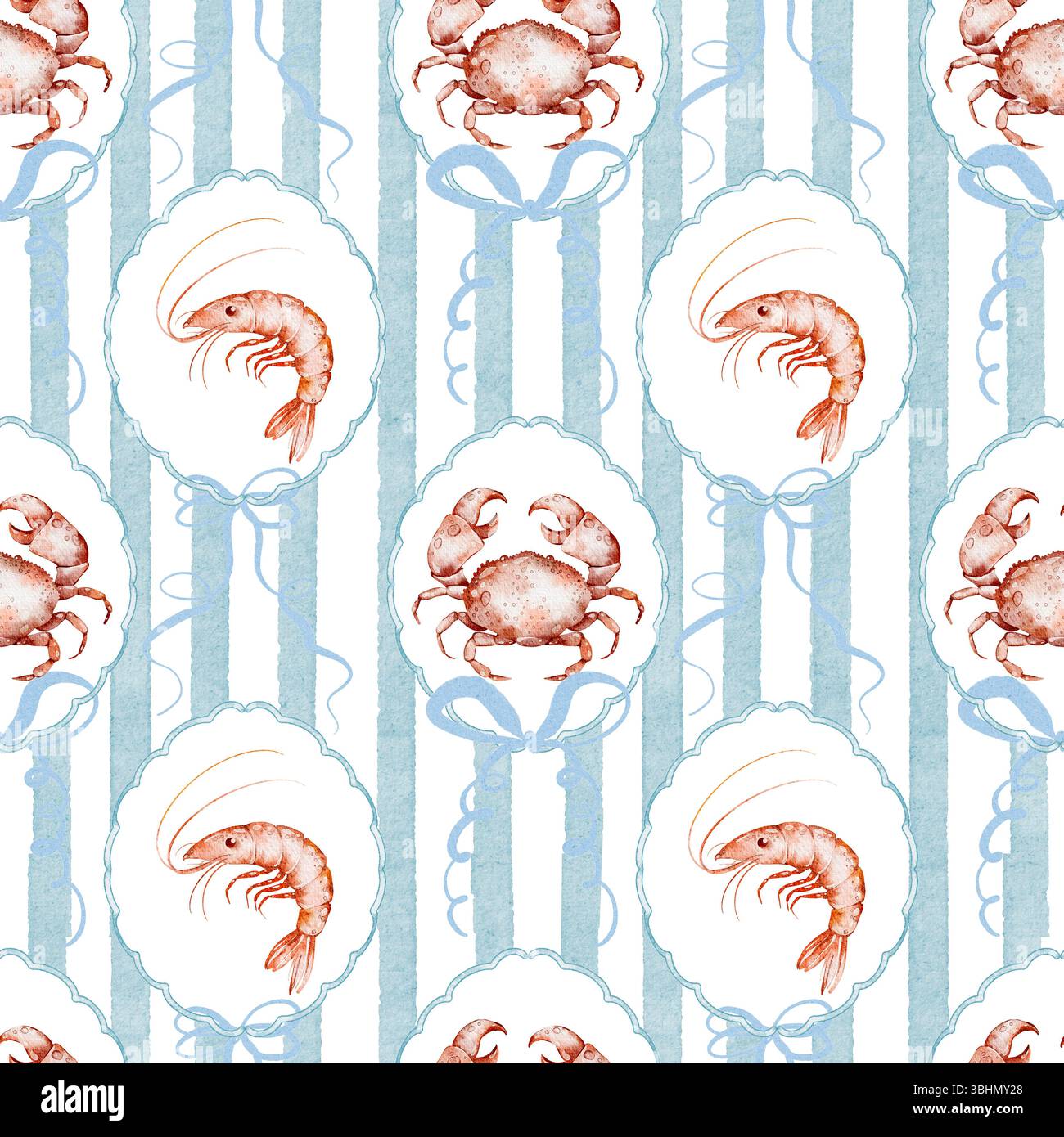 Watercolor crab and shrimp seamless pattern with bow Stock Photo - Alamy