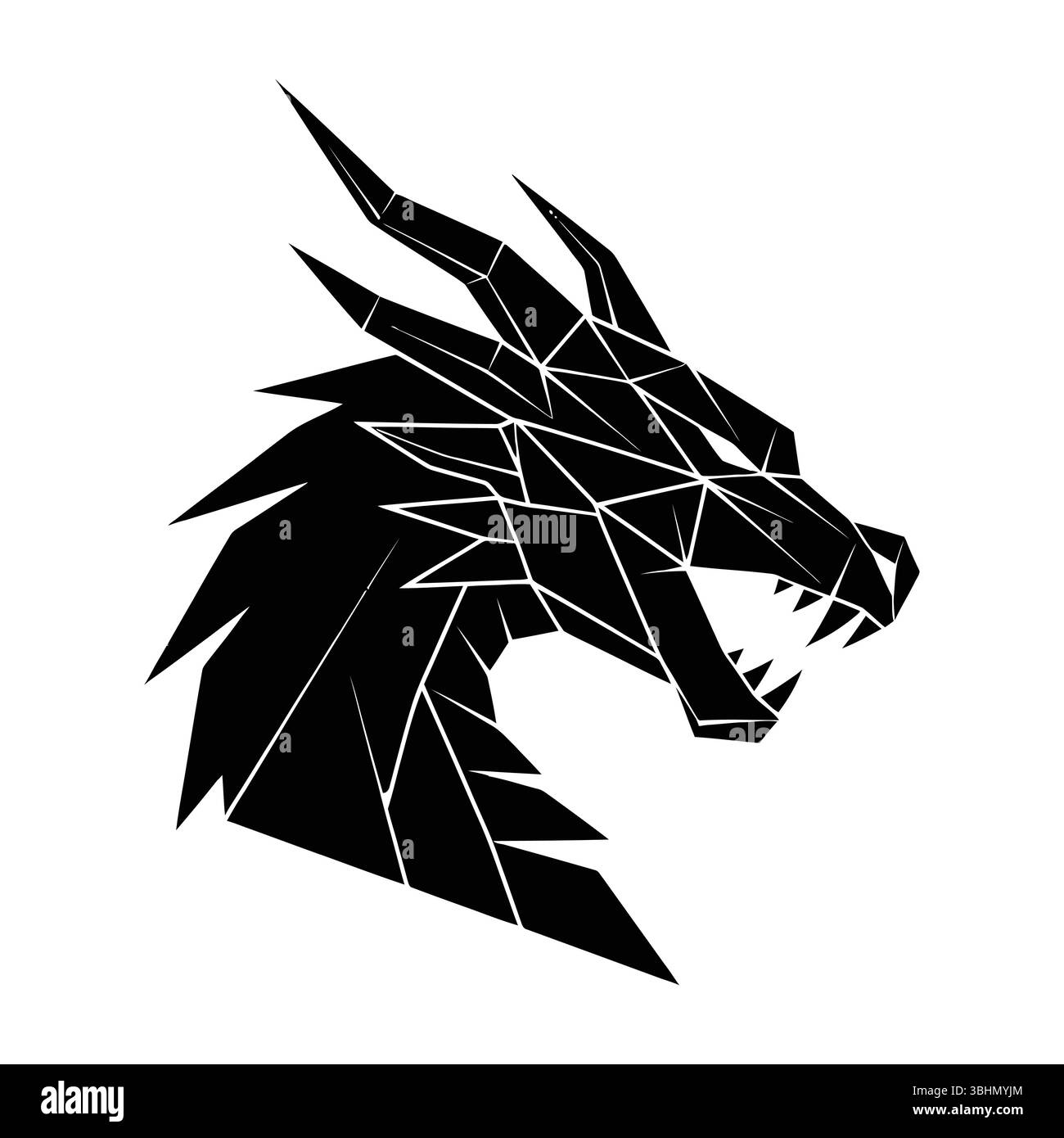 A striking black and white illustration of a dragon's head. The design ...