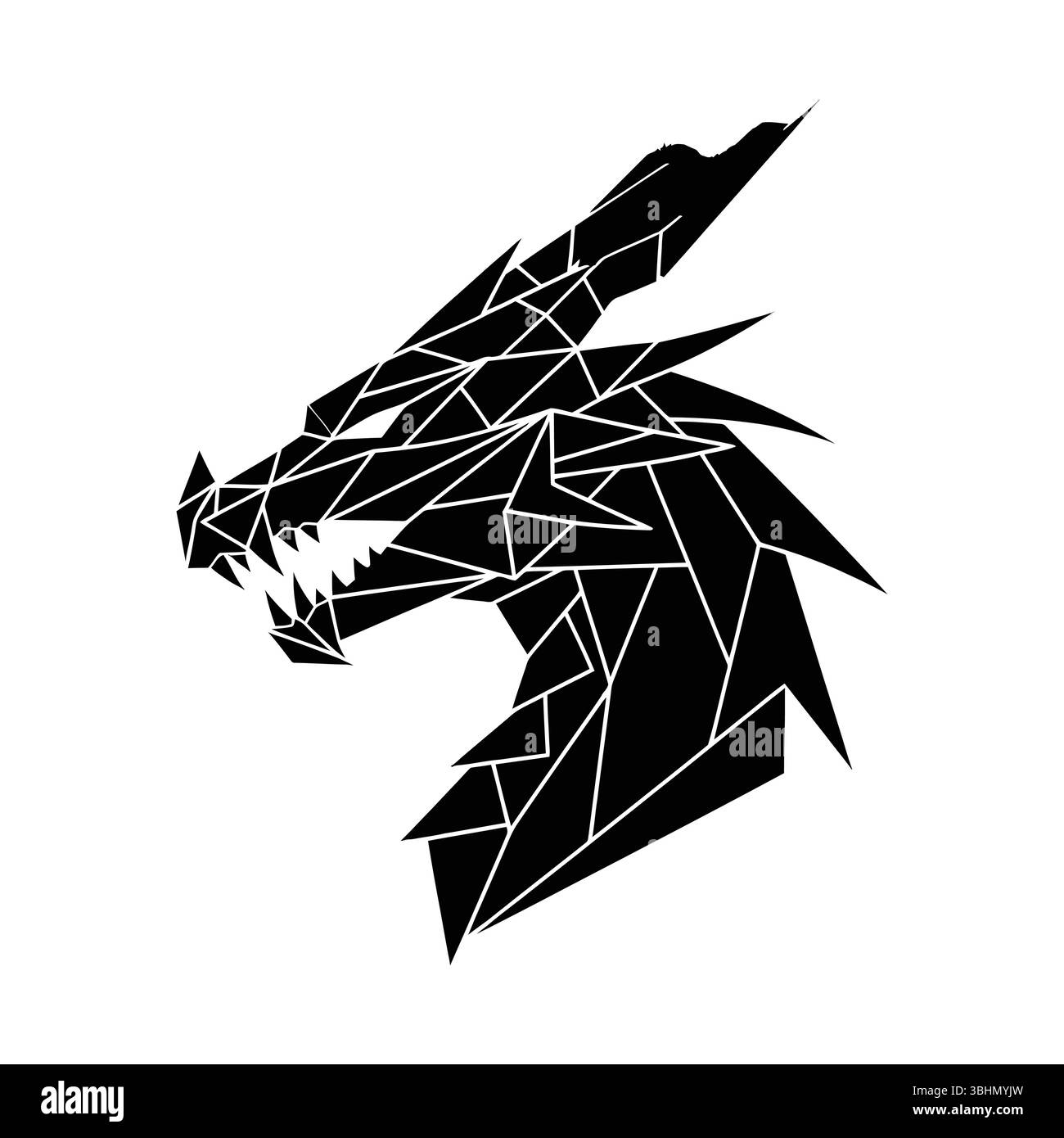 A striking black and white geometric dragon head, rendered in a polygon ...