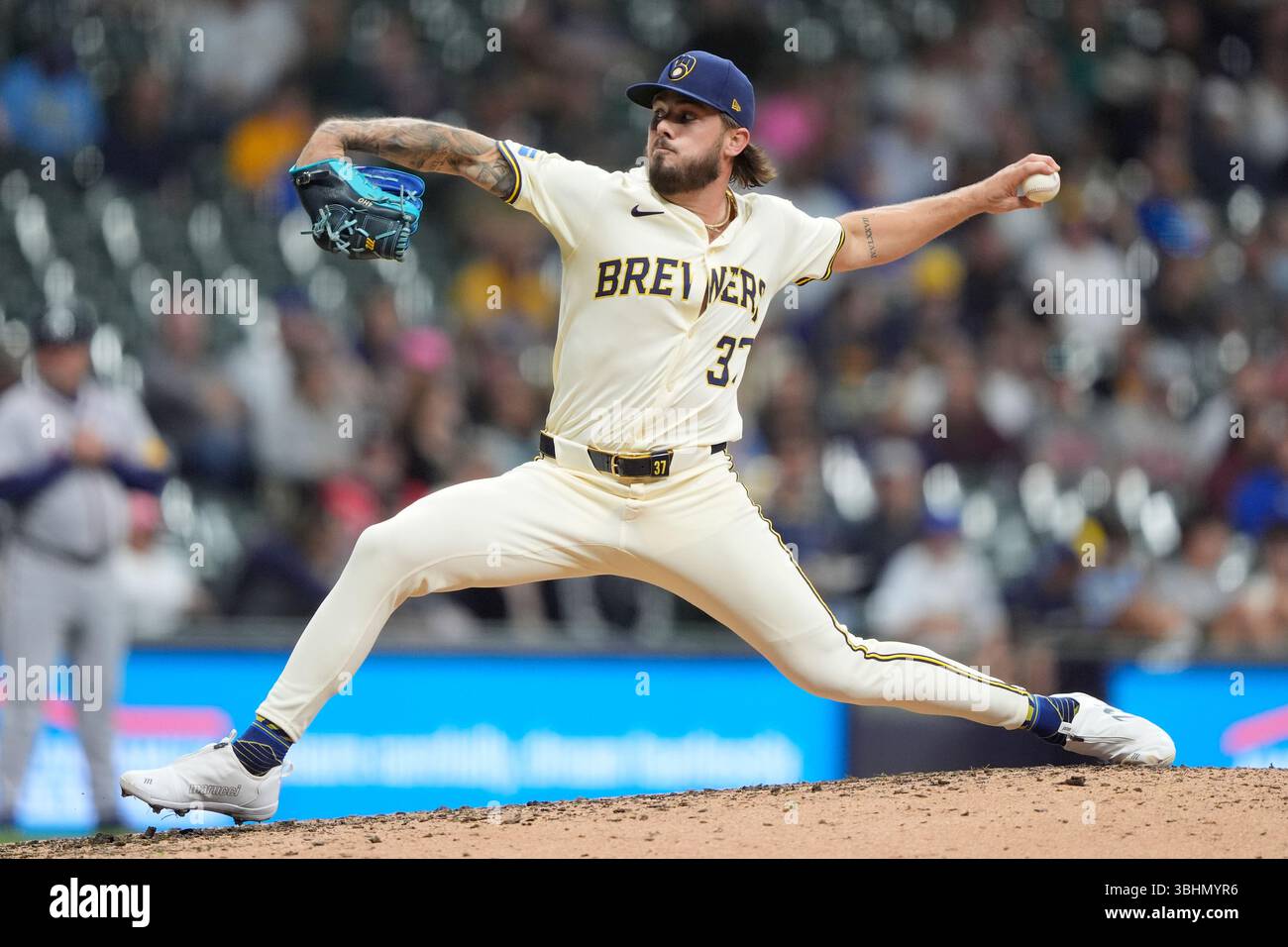 Milwaukee Brewers' DL Hall pitches during a baseball game against the ...