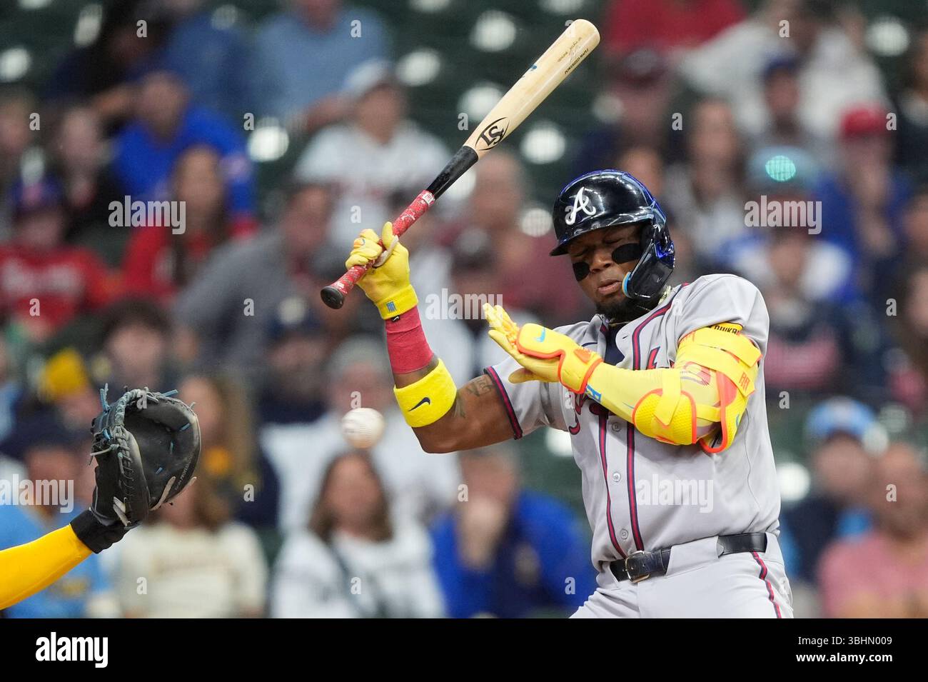 Atlanta Braves' Ronald Acuña Jr. avoids a pitch during a baseball game ...