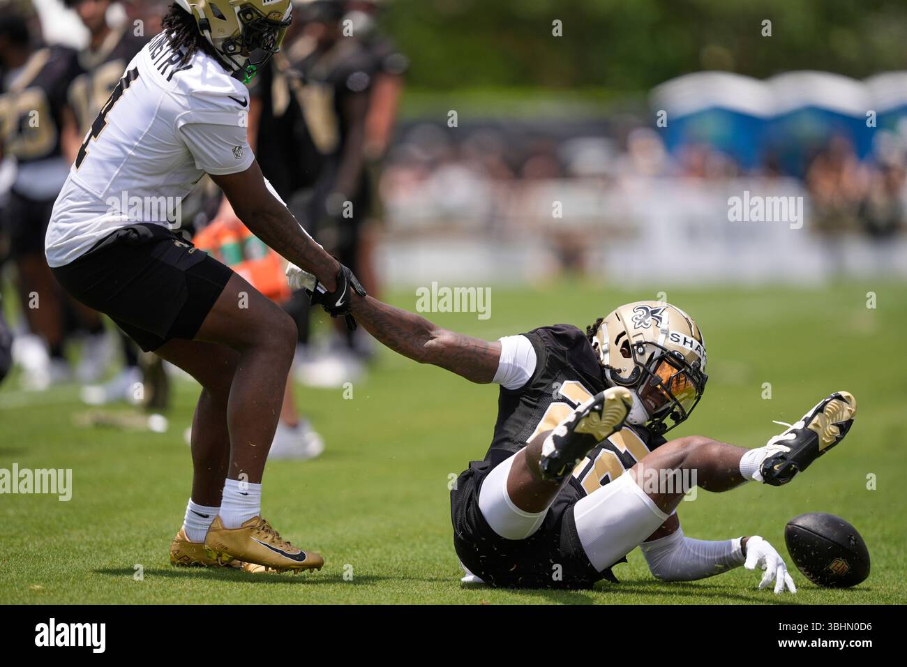 New Orleans Saints wide receiver Rashid Shaheed (22) and cornerback Kool-Aid McKinstry (4) go ...