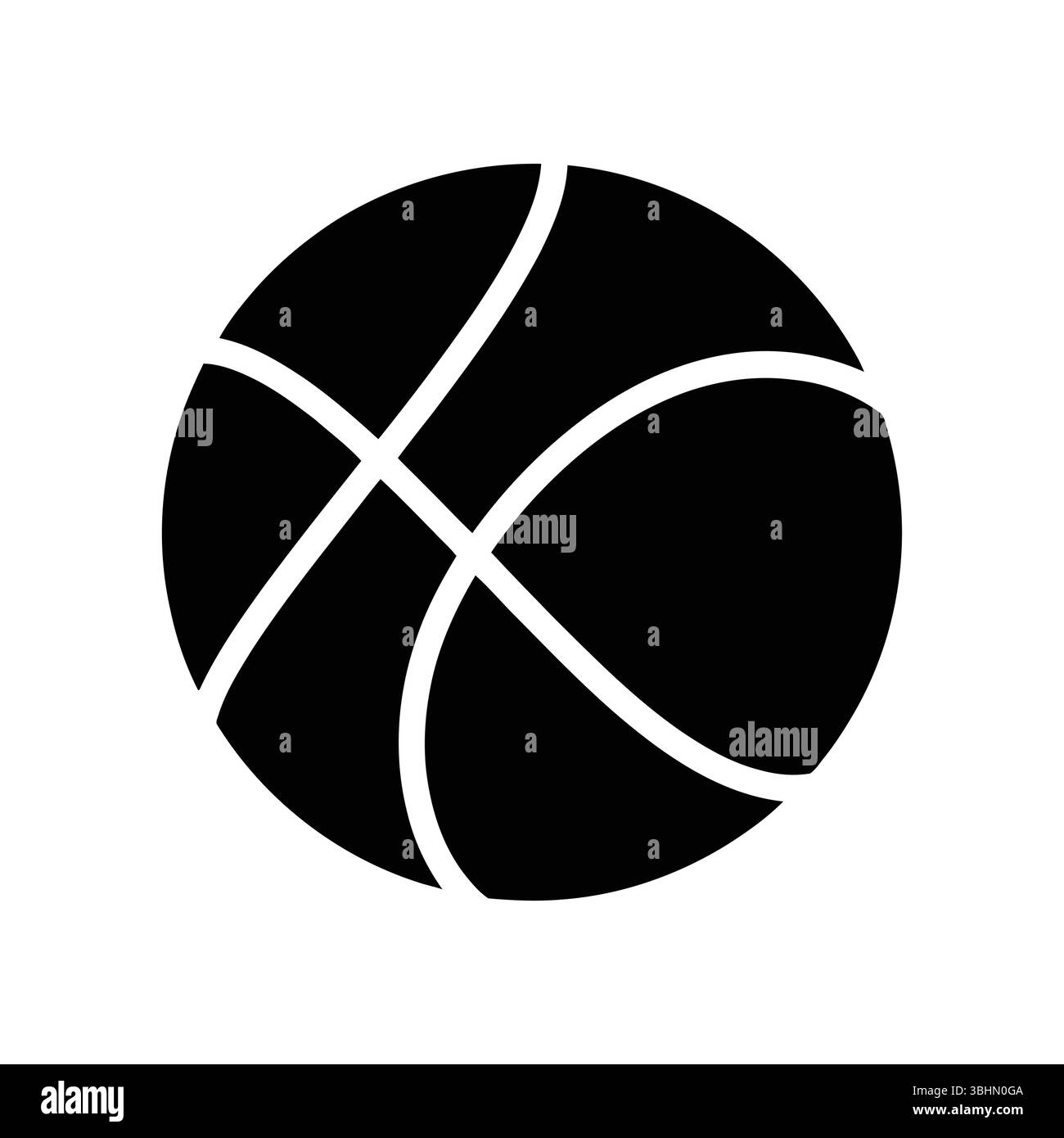 A graphic icon of a basketball, rendered in black and white with curved ...