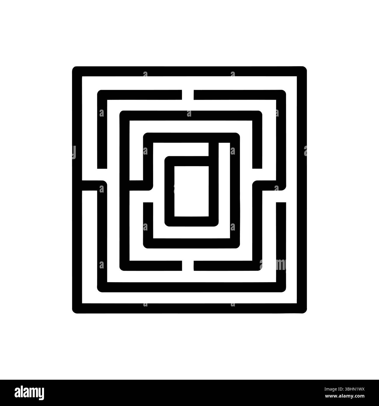 A black square maze with a central goal is isolated on a white ...