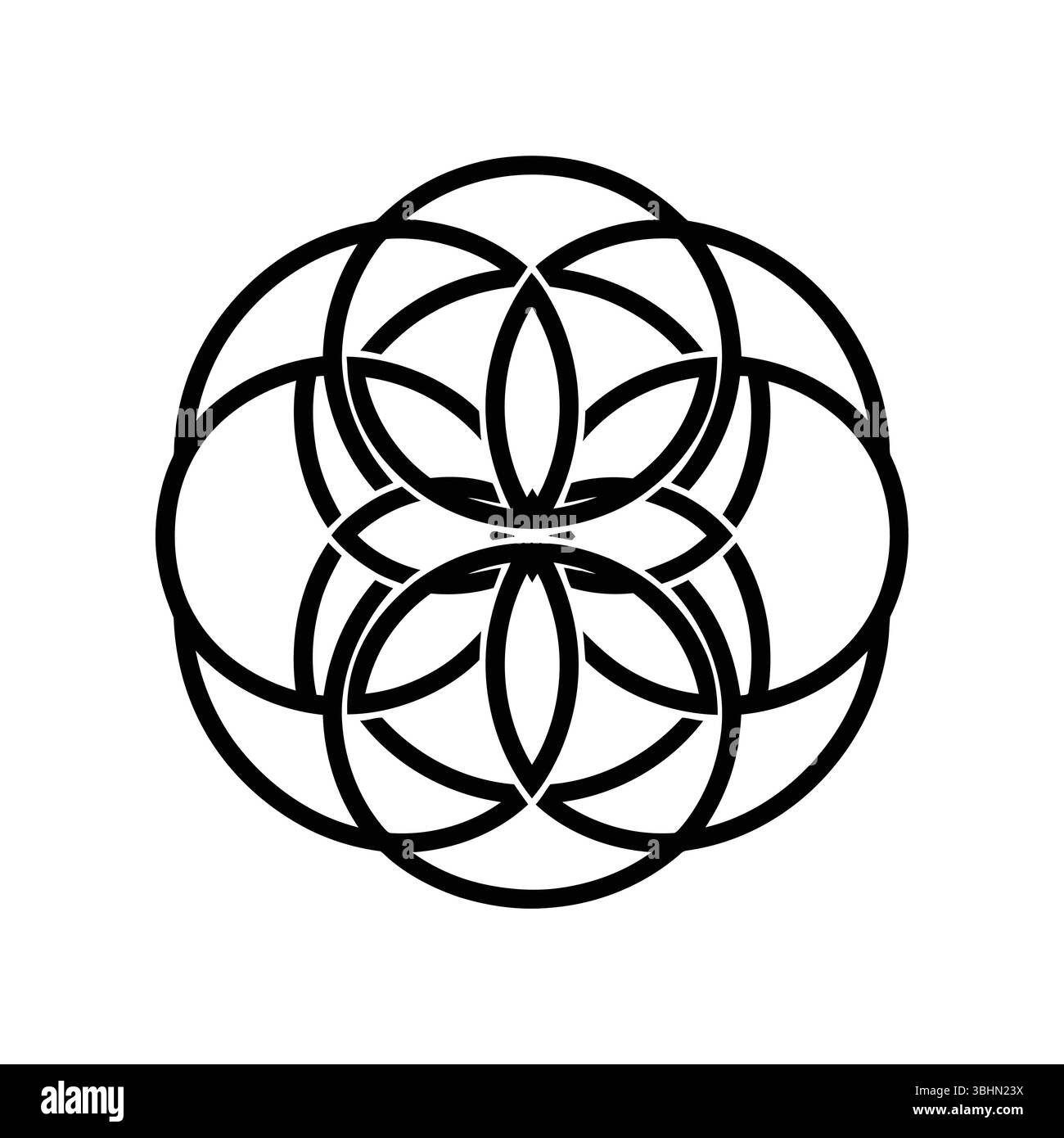 A symmetrical black and white design featuring overlapping circles creating a complex, visually ...