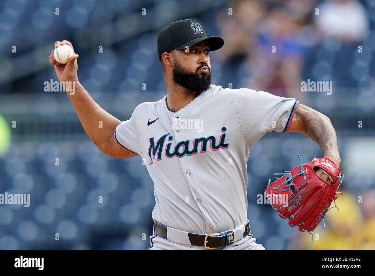 Miami Marlins pitcher Sandy Alcantara delivers during the first inning of a baseball game ...