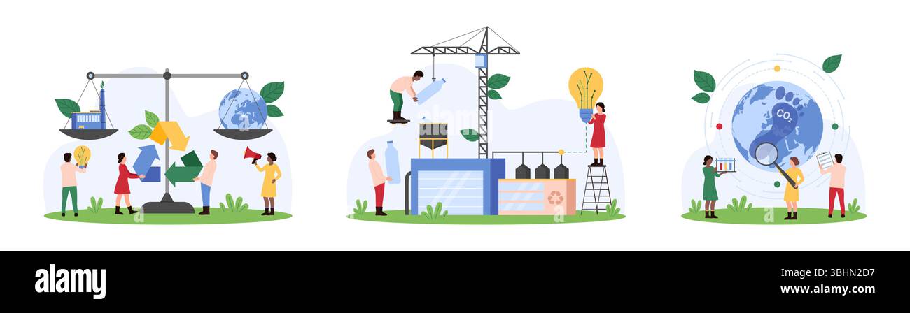 Carbon credit project set. Tiny people measure balance between CO2 ...