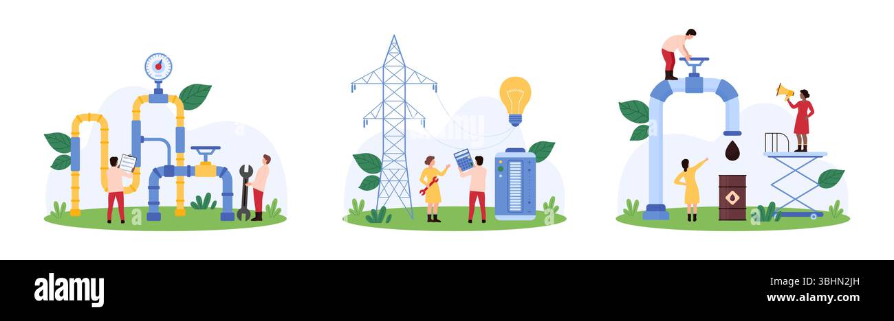 Energy system inspection, oil and gas industry equipment set. Tiny ...