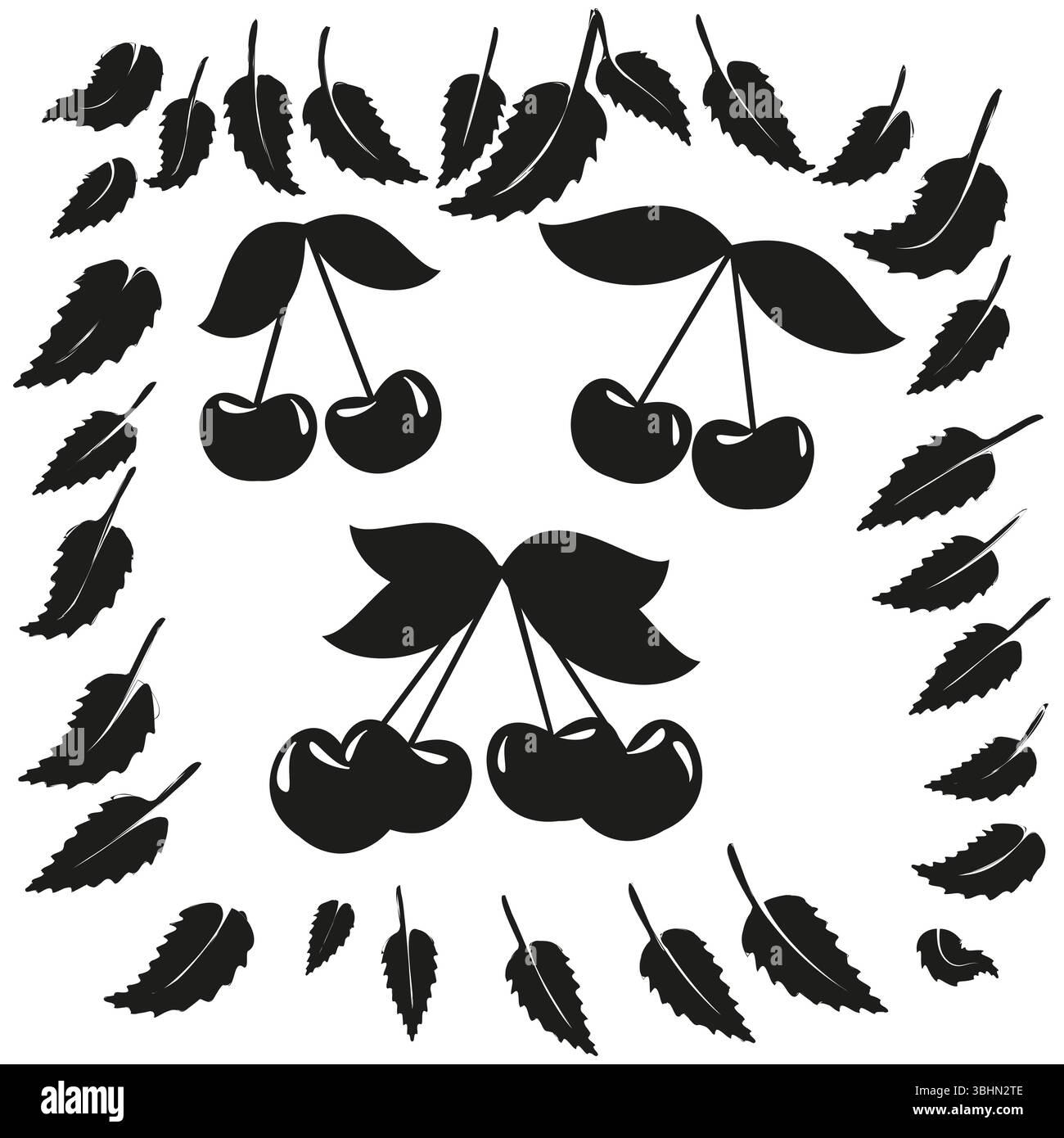 Cherry black vector. Silhouette fruit icon. Leaf border frame ...