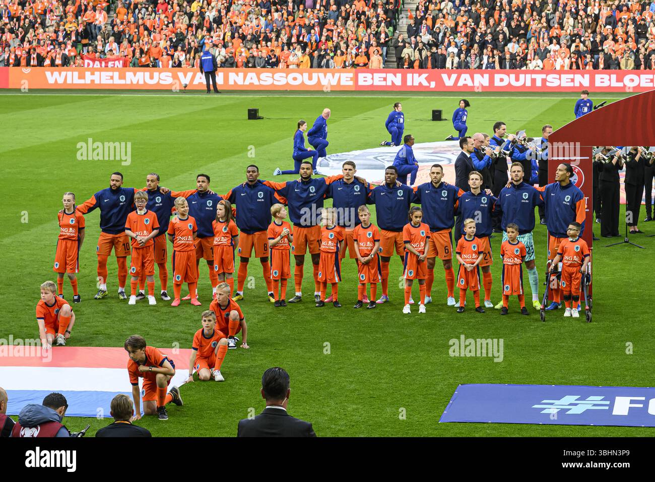 GRONINGEN - Dutch national team during the national anthem during the ...