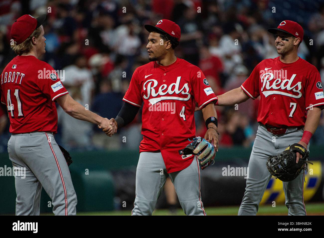 Cincinnati Reds starting pitcher Andrew Abbott (41) is congratulated by ...