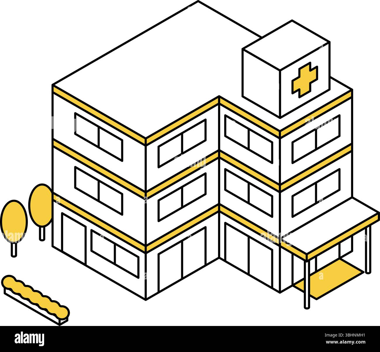 Isometric line art illustration of a simple hospital building with ...