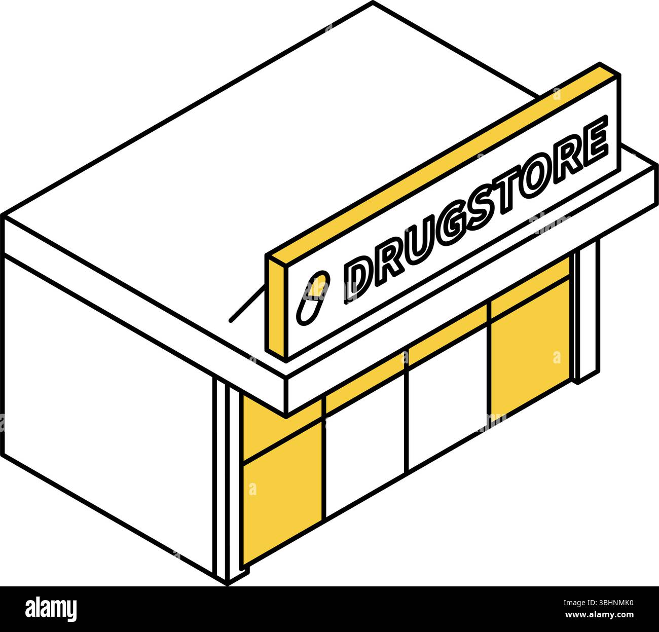 Isometric line art illustration of a simple drugstore building with ...