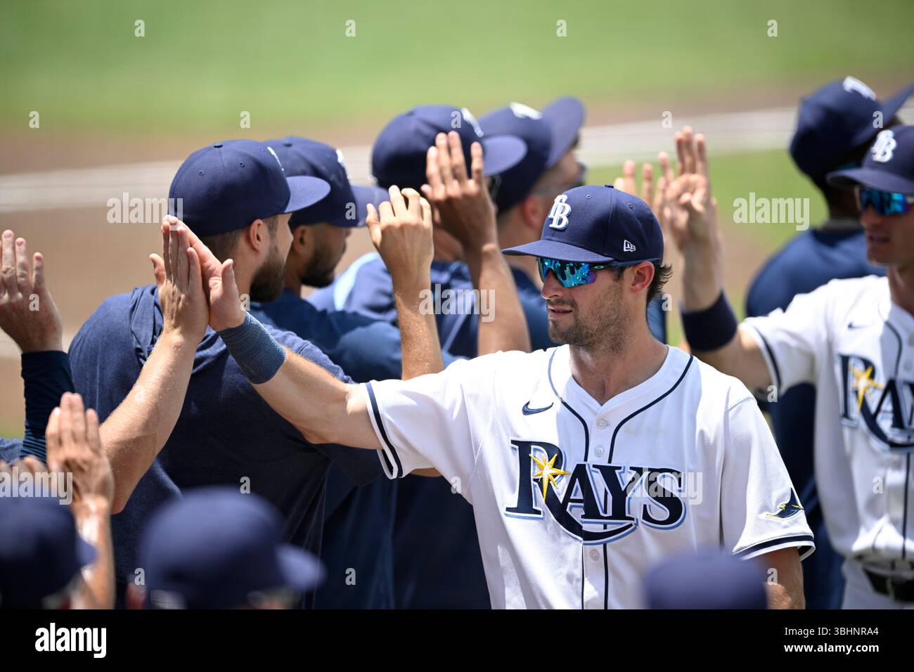 Tampa Bay Rays outfielder Kameron Misner, center, celebrates with ...