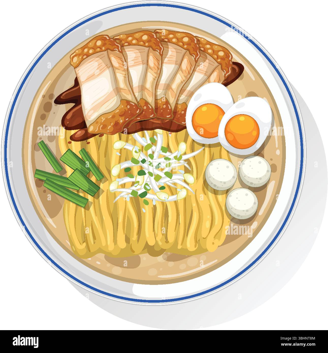 Detailed vector illustration of a ramen bowl with noodles, eggs, pork ...