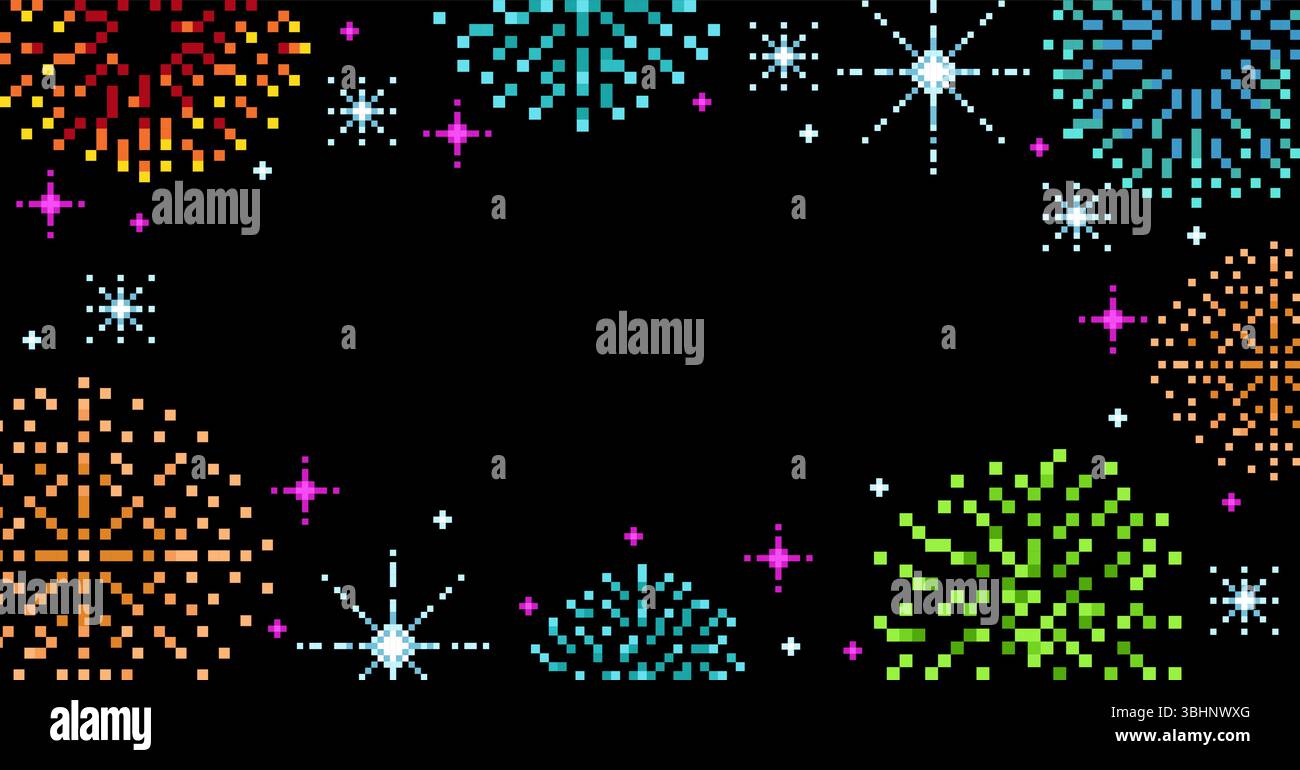 Pixel firework frame. Retro video holiday design, colorful lights bust ...