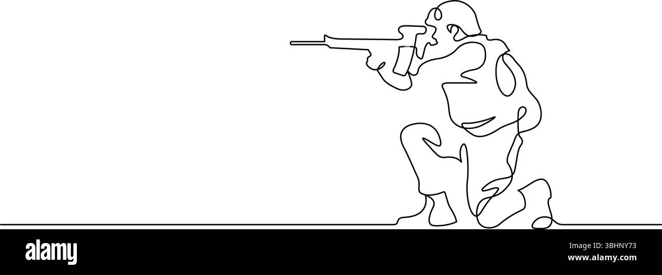 military soldier camouflage using weapon aiming pose one line drawing ...