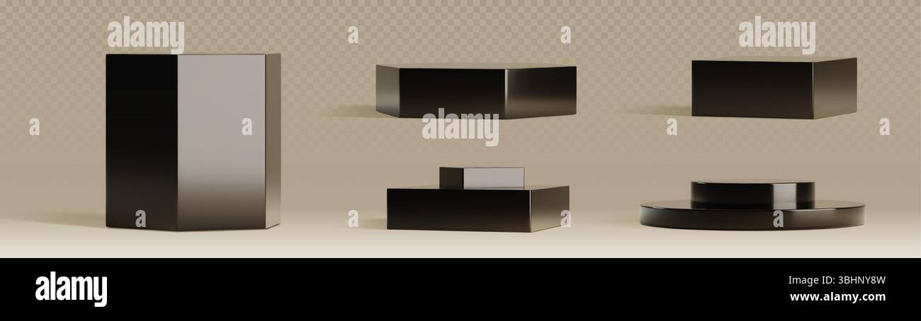 Black podiums set on transparent background. Pedestals in various ...