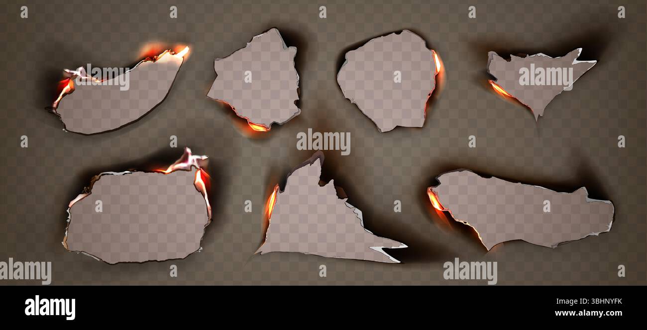 Burning paper frame pieces set - torn hole edges with flame, flying ...