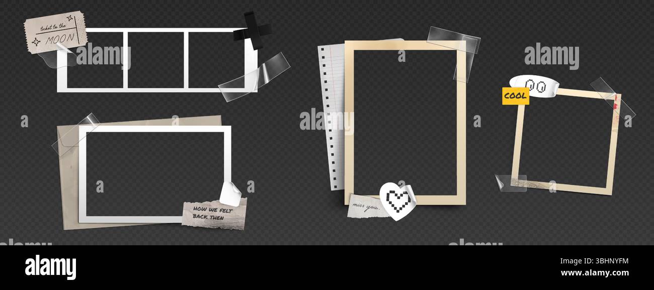Set of retro photo frames and scrapbook layout in y2k or 90s style ...